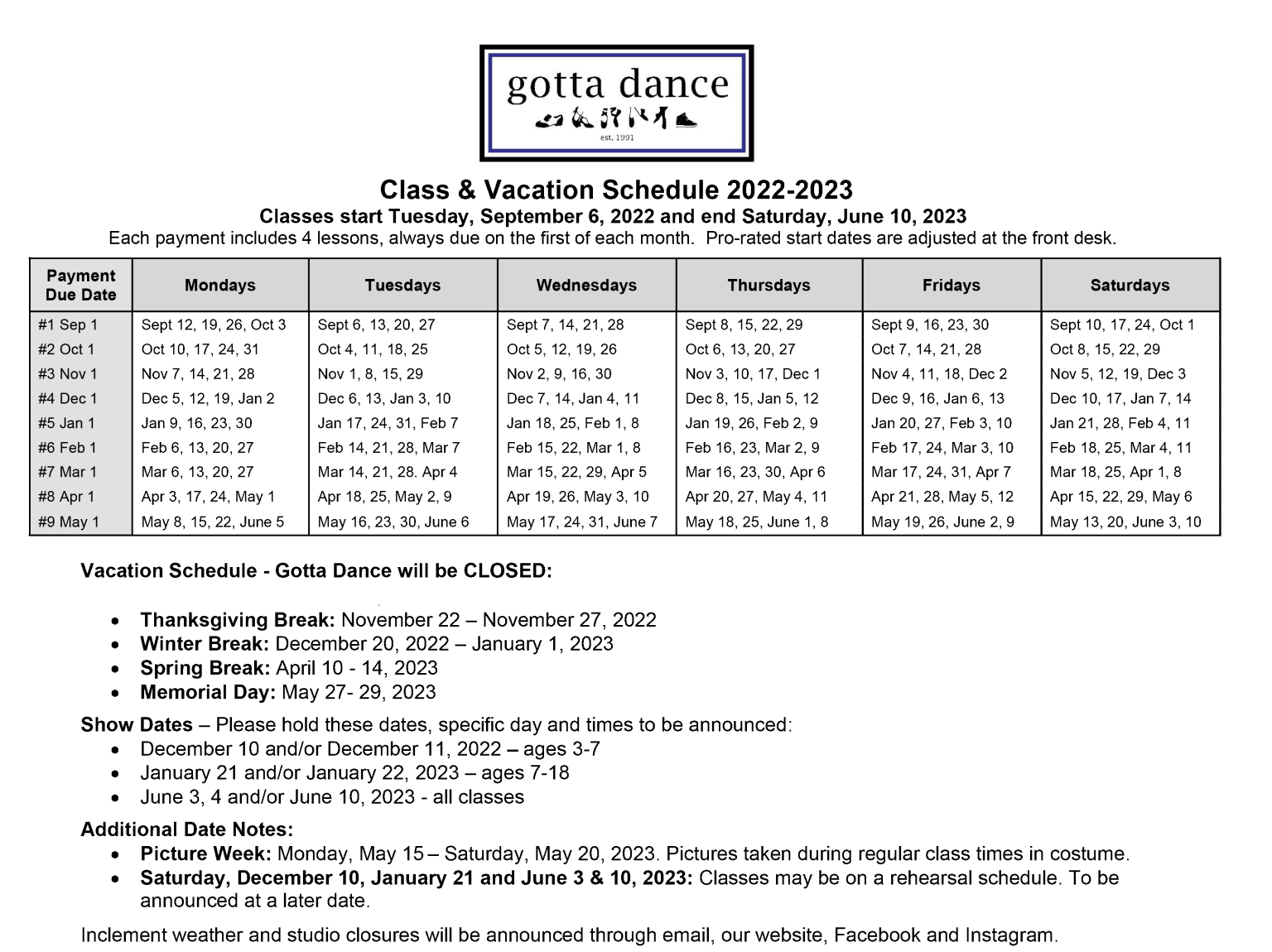 Class & Vacation Schedule - gttadance.com